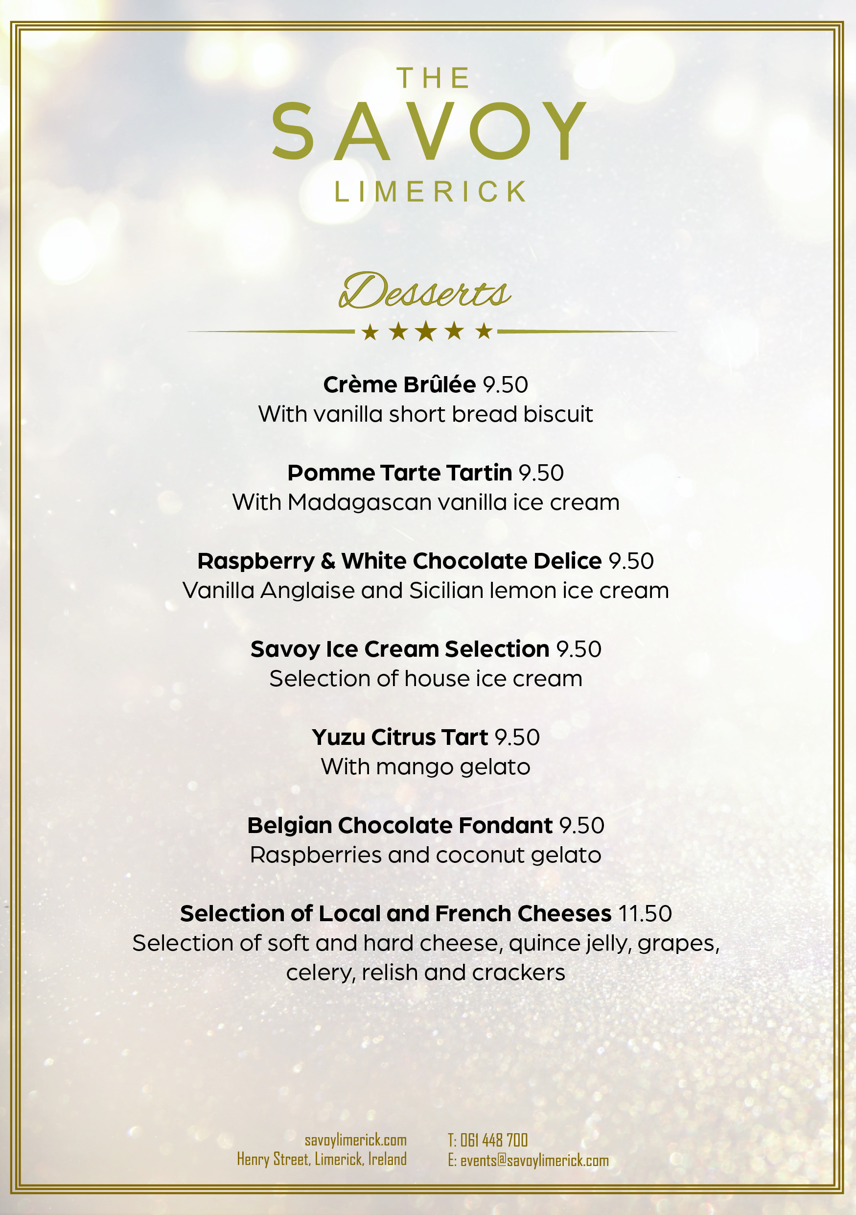 The Library Menu | Limerick Places to Eat | Savoy Limerick